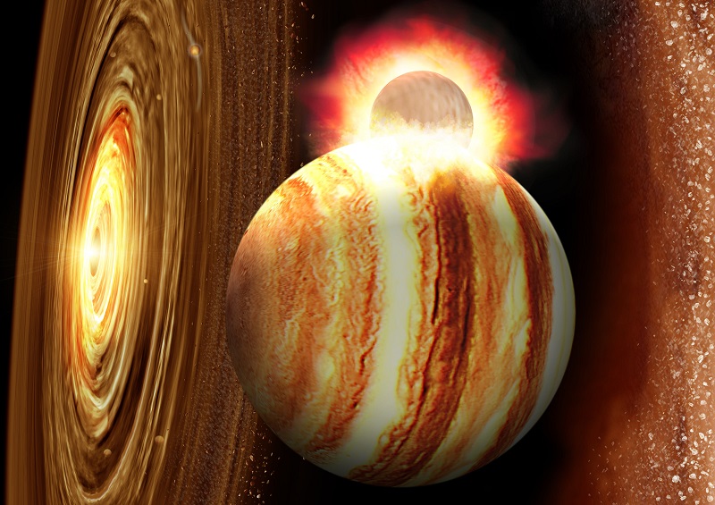 Young Jupiter was smacked head-on by massive planet